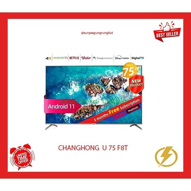 Jual LED TV CHANGHONG 75 INCH SMART ANDROID 4K - U 75 F8T | Shopee Indonesia