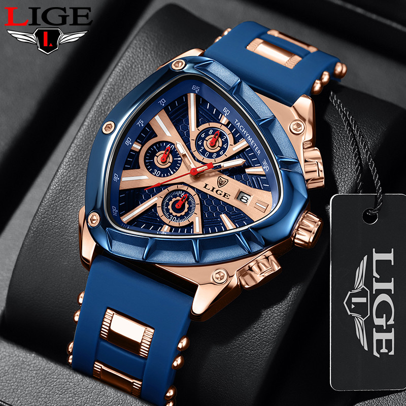 Jual LIGE Fashion Men Watch Triangle Chronograph Military Wristwatch ...