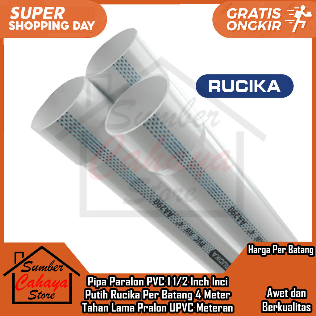 Jual Pipa Paralon PVC 1 1/2 inch D Putih Rucika Per Batang 4 Meter 4m ...