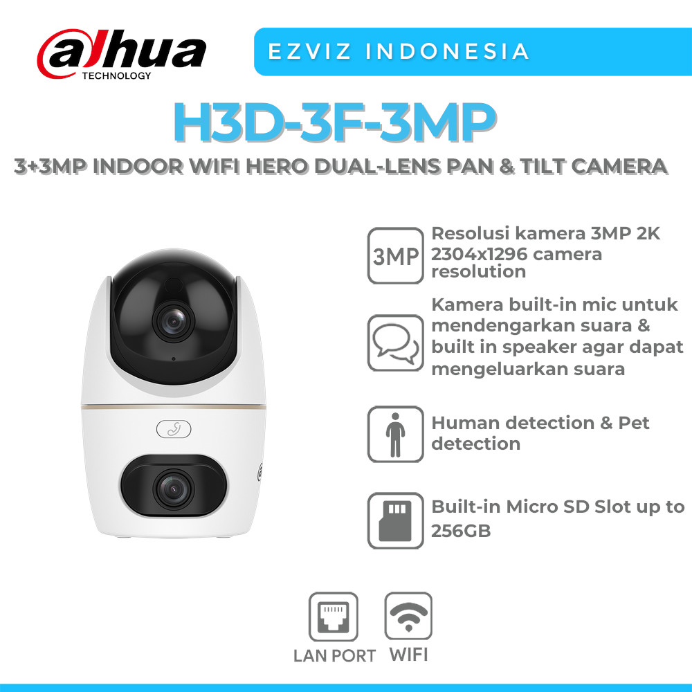 Jual DAHUA H3D-3F-3MP 3+3MP INDOOR WIFI DUAL-LENS HERO PAN & TILT ...