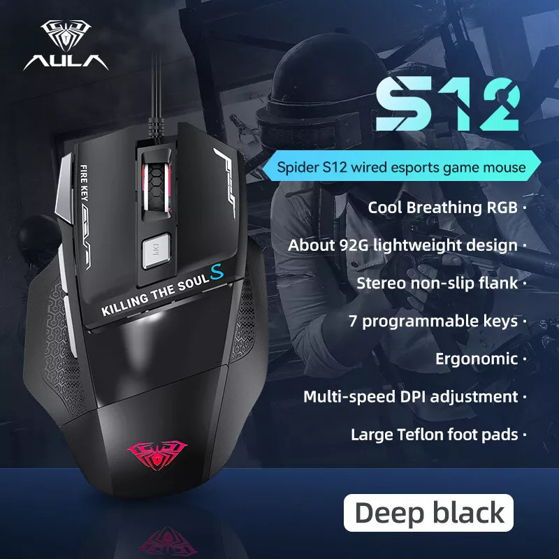 Jual AULA S12 Mouse Gaming Wired RGB 4800DPI Type-C Programmable 6 ...