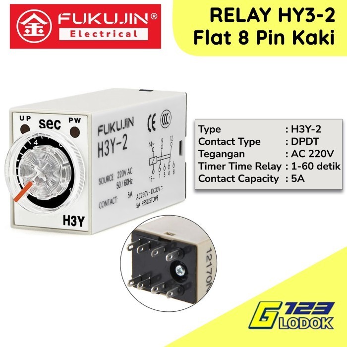 Jual FUKUJIN Mini Timer Delay Relay H3Y-2 H3Y2 TDR 0-60S 60s 60 Detik 1min DPDT 220VAC 8 Pin ...