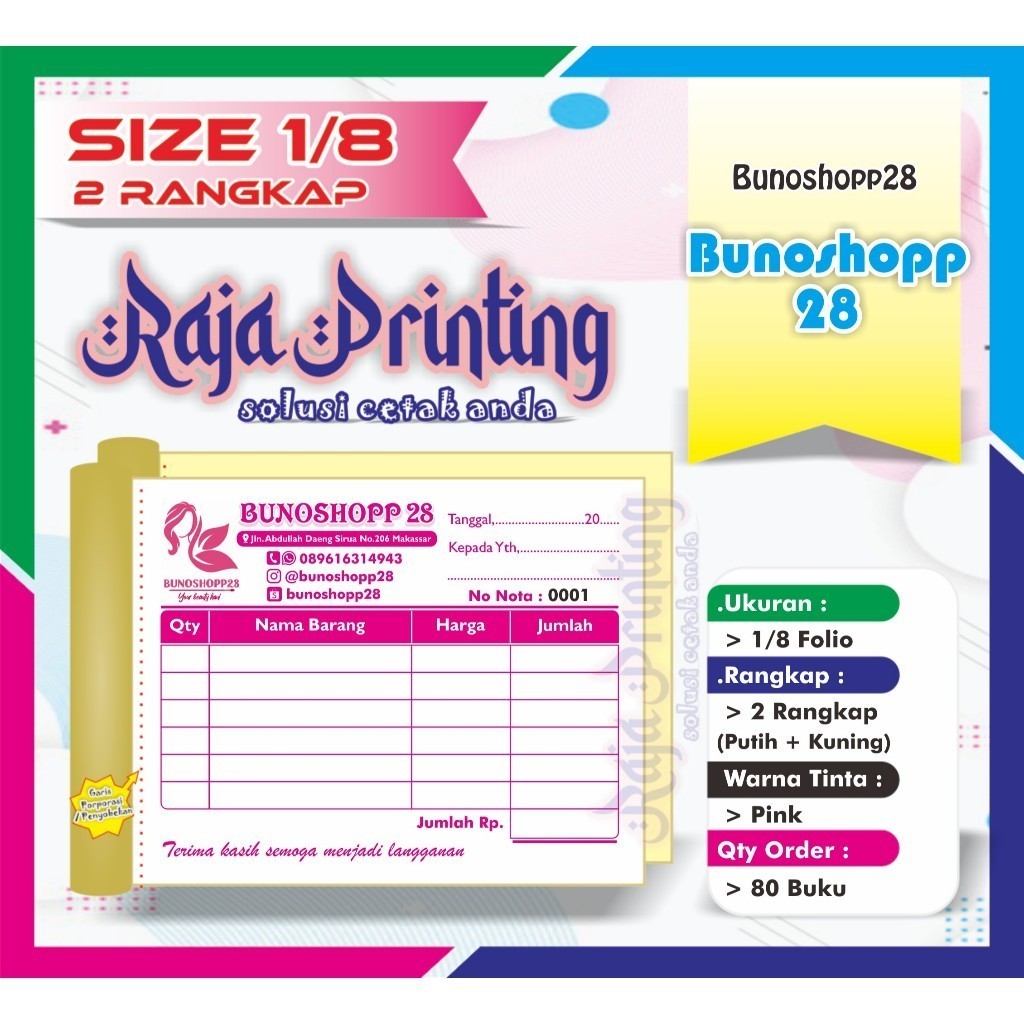 Jual (GRATIS DESAIN) NOTA 1/8F - 2 Ply / NOTA CUSTOM 1/8 Folio 2 rangkap / Nota Konter HP/ Nota ...