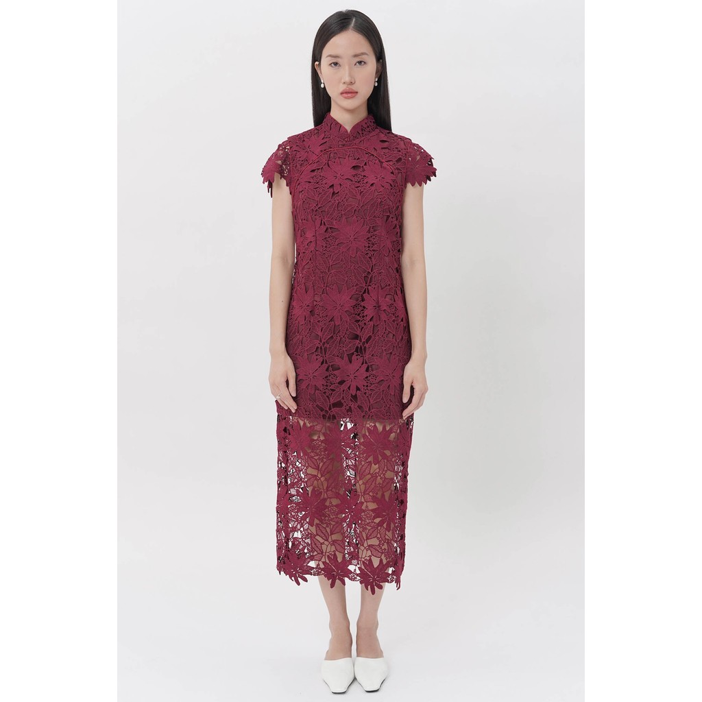 Jual LOVE AND FLAIR - Nongli Cheongsam Midi Dress In Maroon | Shopee ...
