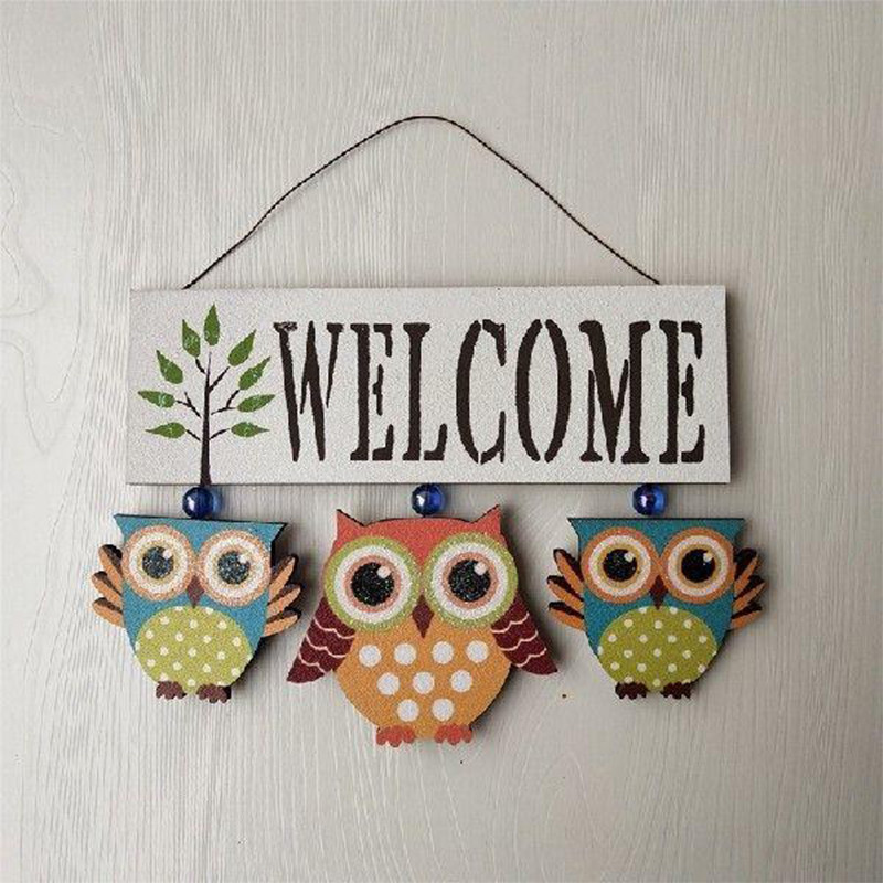 Jual Wooden Welcome Sign Welcome Sign 3 Cute Owls Wooden Board Welcome ...