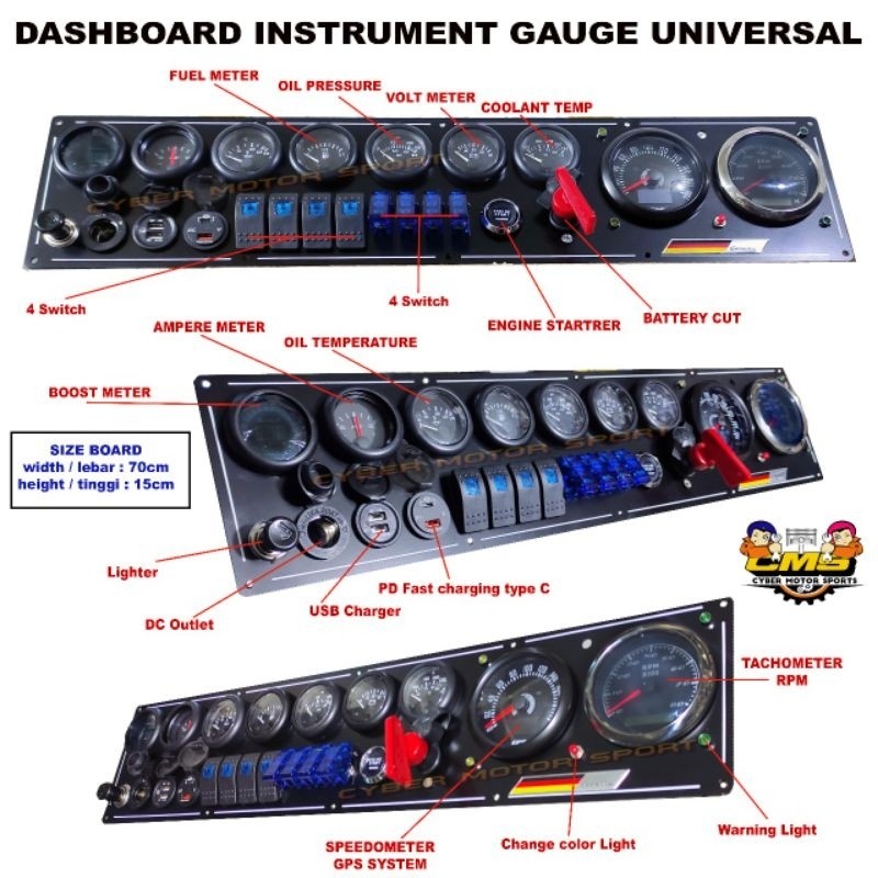 Jual Speedometer Dashboard instrument gauge universal Tachometer rpm ...