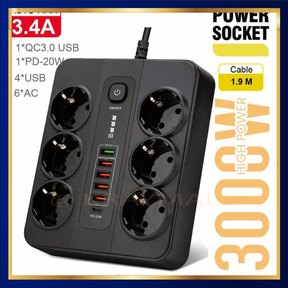 Jual Power Strip Stop Kontak Colokan Listrik 6 Plug EU USB 250V 3000W - BKL-11EU | Shopee Indonesia