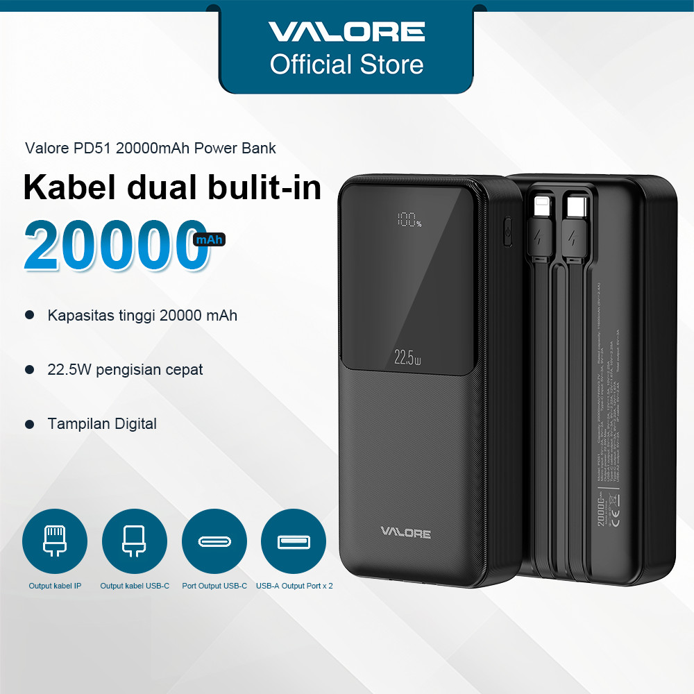 Jual VALORE PD51 20000mAh Power Bank Kabel Dual Bulit-in 2000C ...