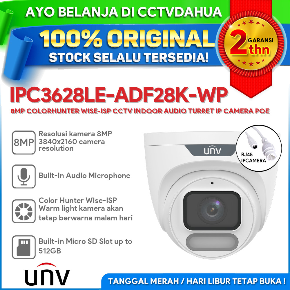 Jual UNV IPC3628LE-ADF28K-WP 8MP COLORHUNTER WISE-ISP CCTV INDOOR AUDIO TURRET IP CAMERA POE ...