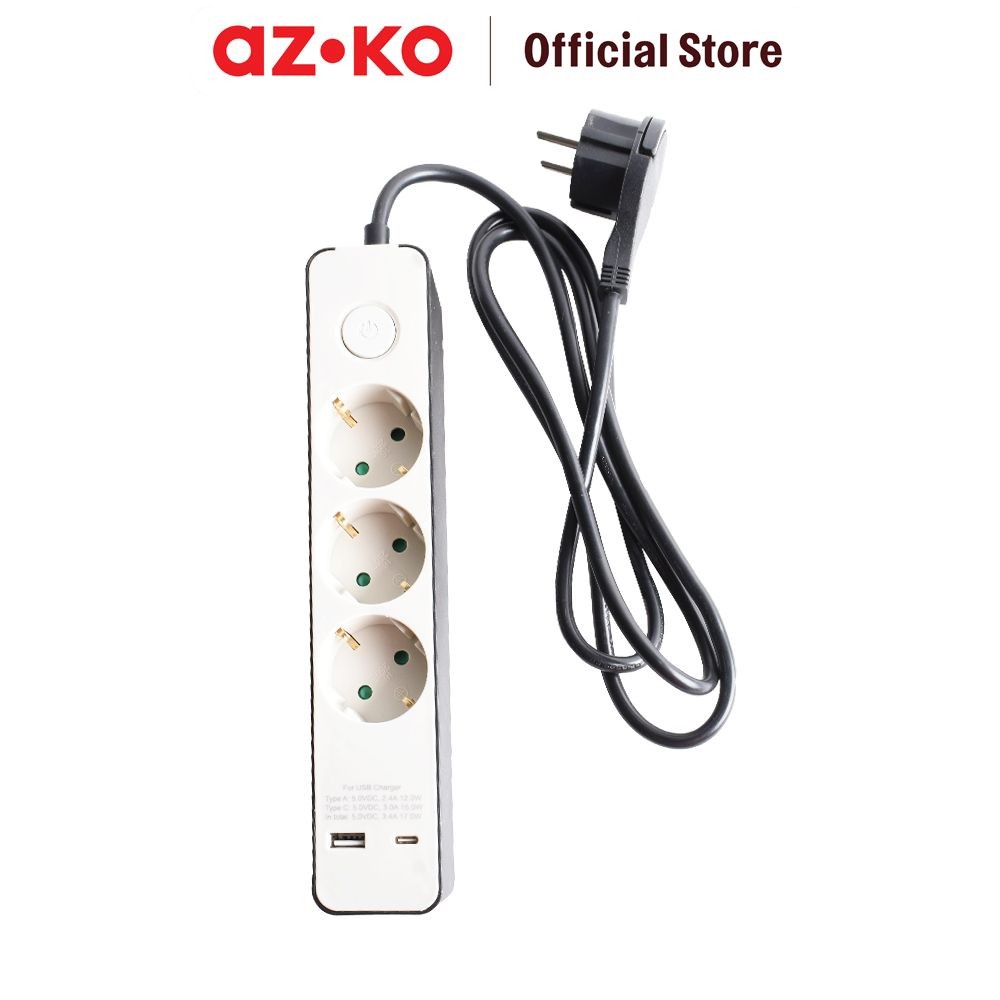 Jual AZKO Krisbow Stop Kontak 3 Socket Dengan Port Usb & Type C - Hitam ...