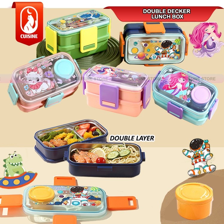 Jual Kotak Makan Stainless Anak 2 Tingkat SUS 304 Lunch Box Double Decker Karakter Astronot Dino ...