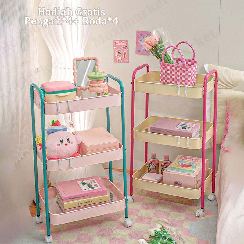 Jual 3 Tingkat Warna Macaron Trolly Rak Penyimpanan Susun Stora Rak ...