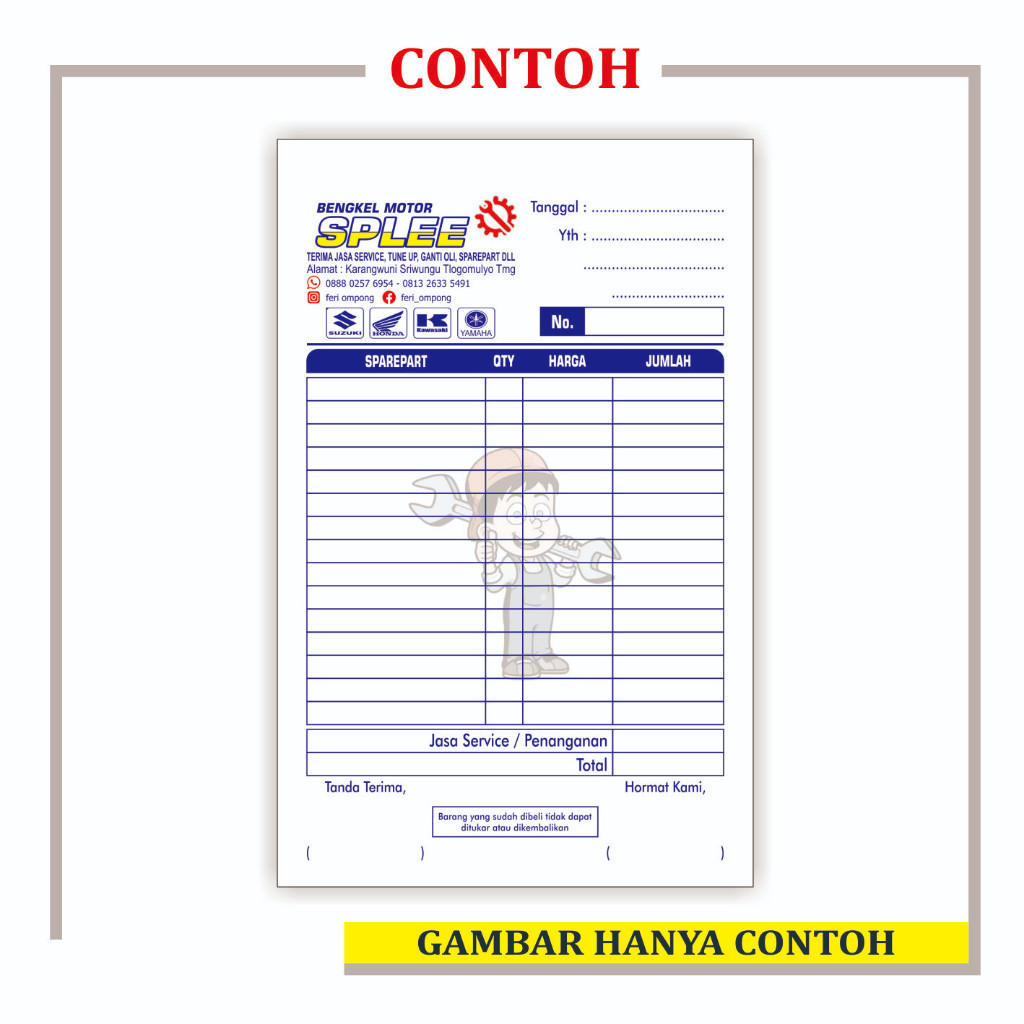 Jual Cetak Cetak Nota Bengkel Motor 1 ply custom Nama Sendiri Desain ...