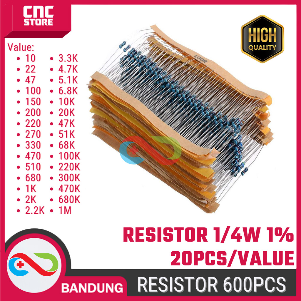 Jual Paket 600PCS Resistor 1/4W 1 Metal Film – 30 Nilai Resistor per 20PCS untuk Proyek ...