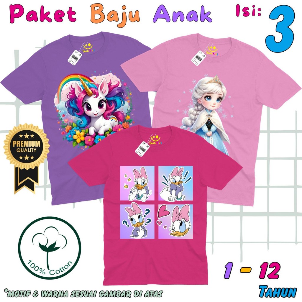 Jual paket baju anak isi 3 anak cewek usia 1 - 10 tahun banyak motif ...