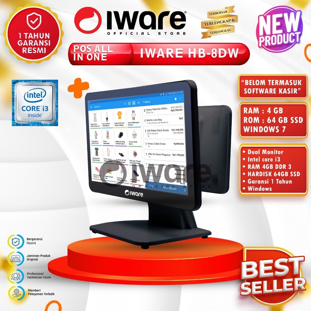 Jual Iware Pos All In One Pc Intel i3 HB-8DW 4/64GB SSD Dual Layar ...