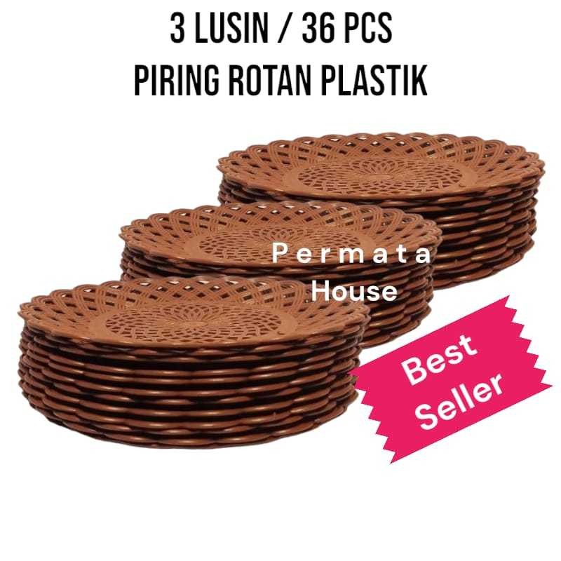 Jual (NEW) 3 LUSIN / 36 Pcs Piring Rotan Plastik Motif Anyaman Coklat ...