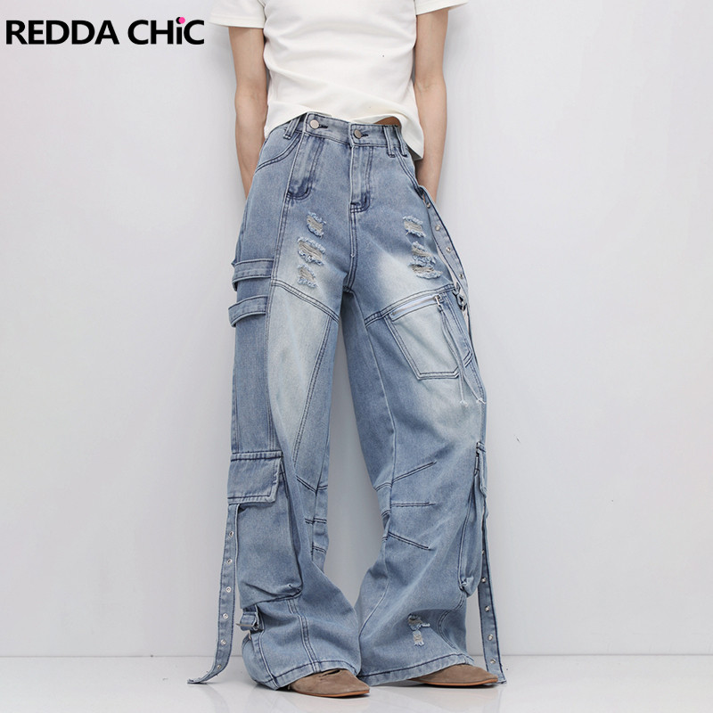 Jual REDDACHIC Men 2-Way Ripped Denim Cargo Pants Multi-pocket Belt ...