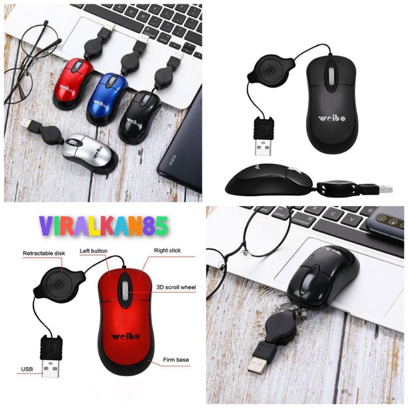 Jual Optical Mouse weibo mini model tarik kabel 3d 1600 dpi tanpa ...