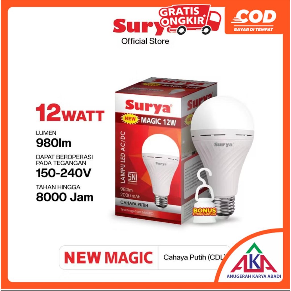 Jual SURYA Bohlam Lampu NEW MAGIC 12 Watt Emergency LED Genius AC DC Cahaya Putih CDL E27 SNI ...