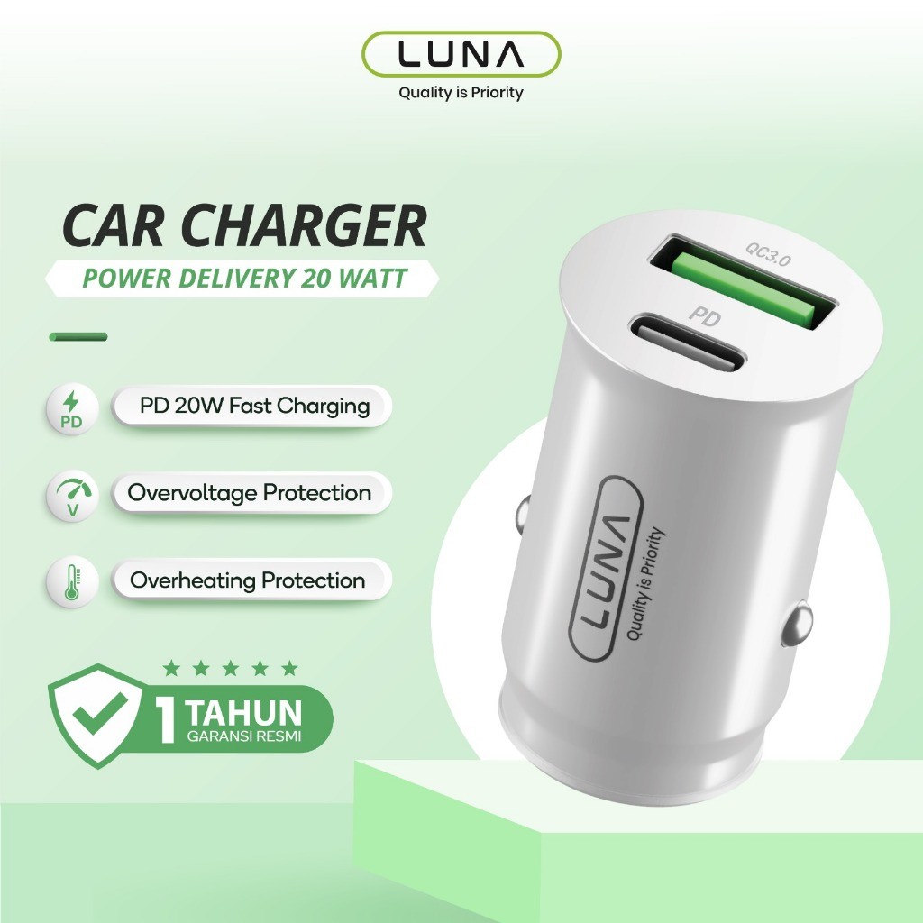 Jual Luna Car Charger Mobil PD-20W Original Dual USB 2 Port Type-C Fast ...