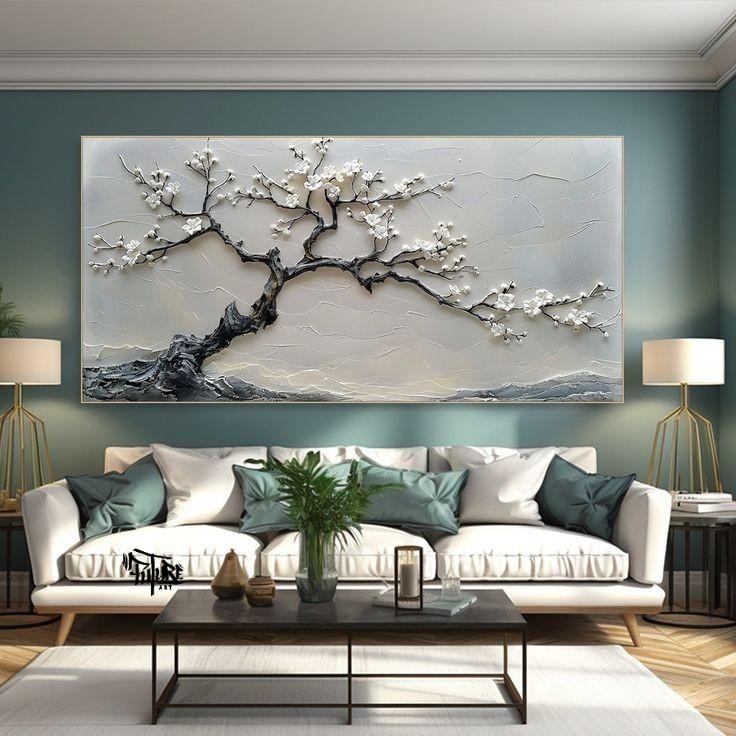 Jual Home living room decor Lukisan 3d pohon bunga mekar putih ukuran ...