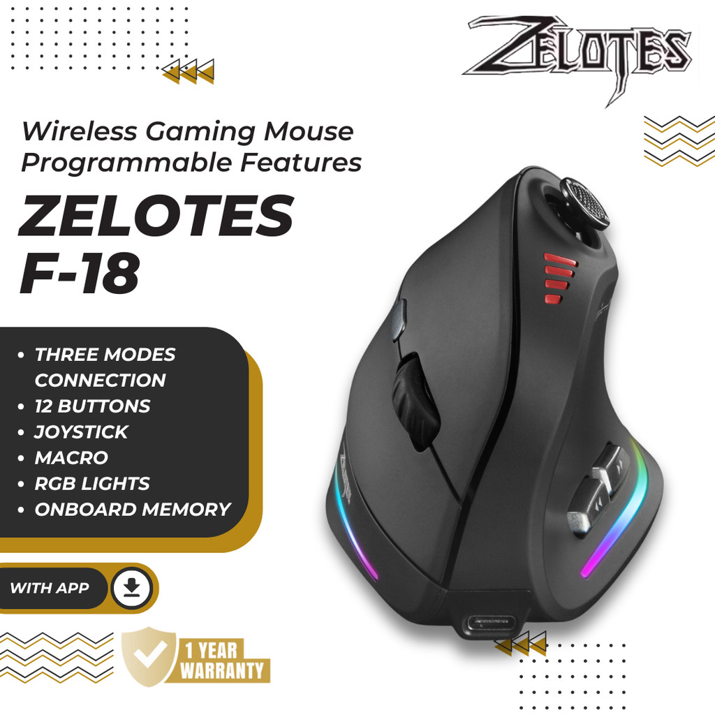 Jual ZELOTES F18 Vertical Gaming Mouse 3 Mode Joystick RGB Ergonomic ...