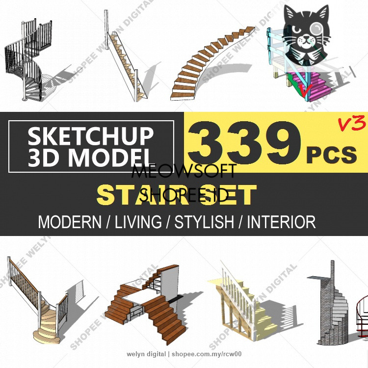 Jual SketchUp | 3D Model Stair Set 339 for home interior design | Exclusive Material Library ...