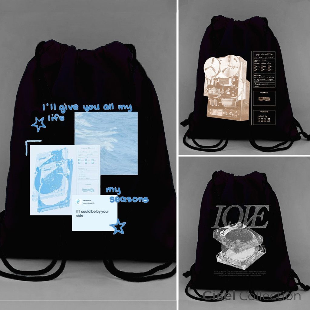 Jual CISEL Tas Serut Hitam String Bag Kanvas TEBAL Wave To Earth Band ...