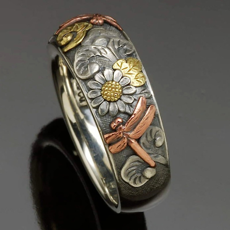 Jual Vintage Silver and Rose Gold Color Carved Dragonfly Sunflower Ring ...
