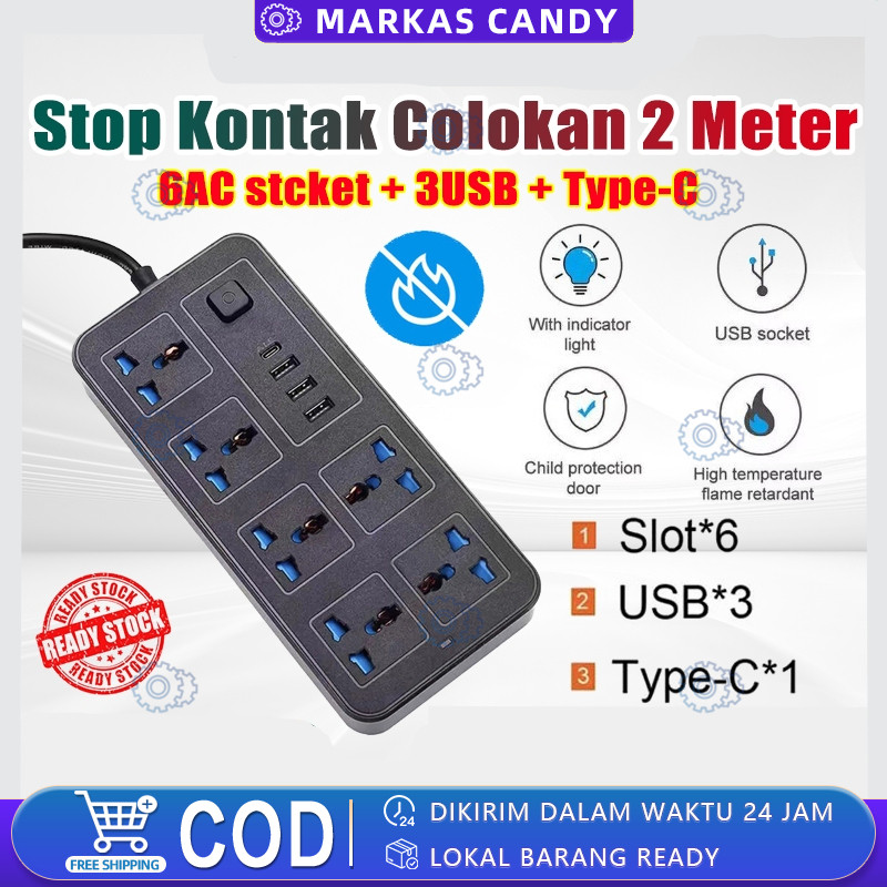 Jual Stop Kontak Colokan Listrik Universal Power Strip Stop Kontak 6 Power Socket 3 USB Port + C ...