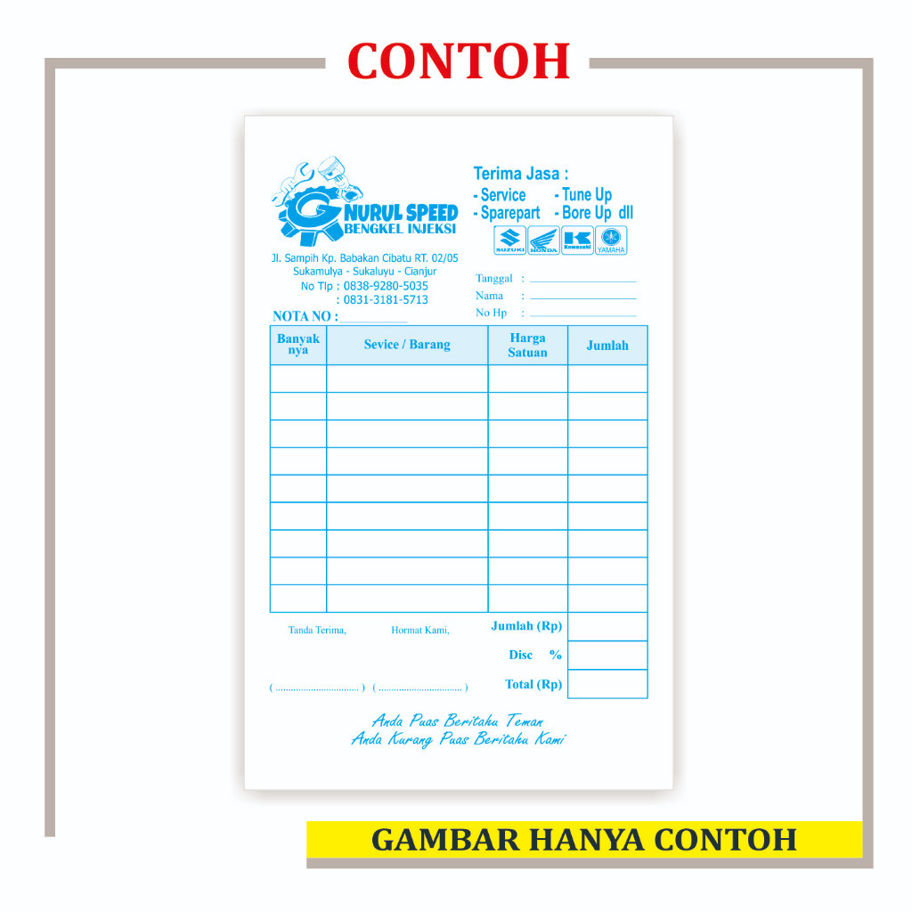 Jual Cetak Nota Bengkel Motor 1 ply custom Nama Sendiri Desain Suka ...