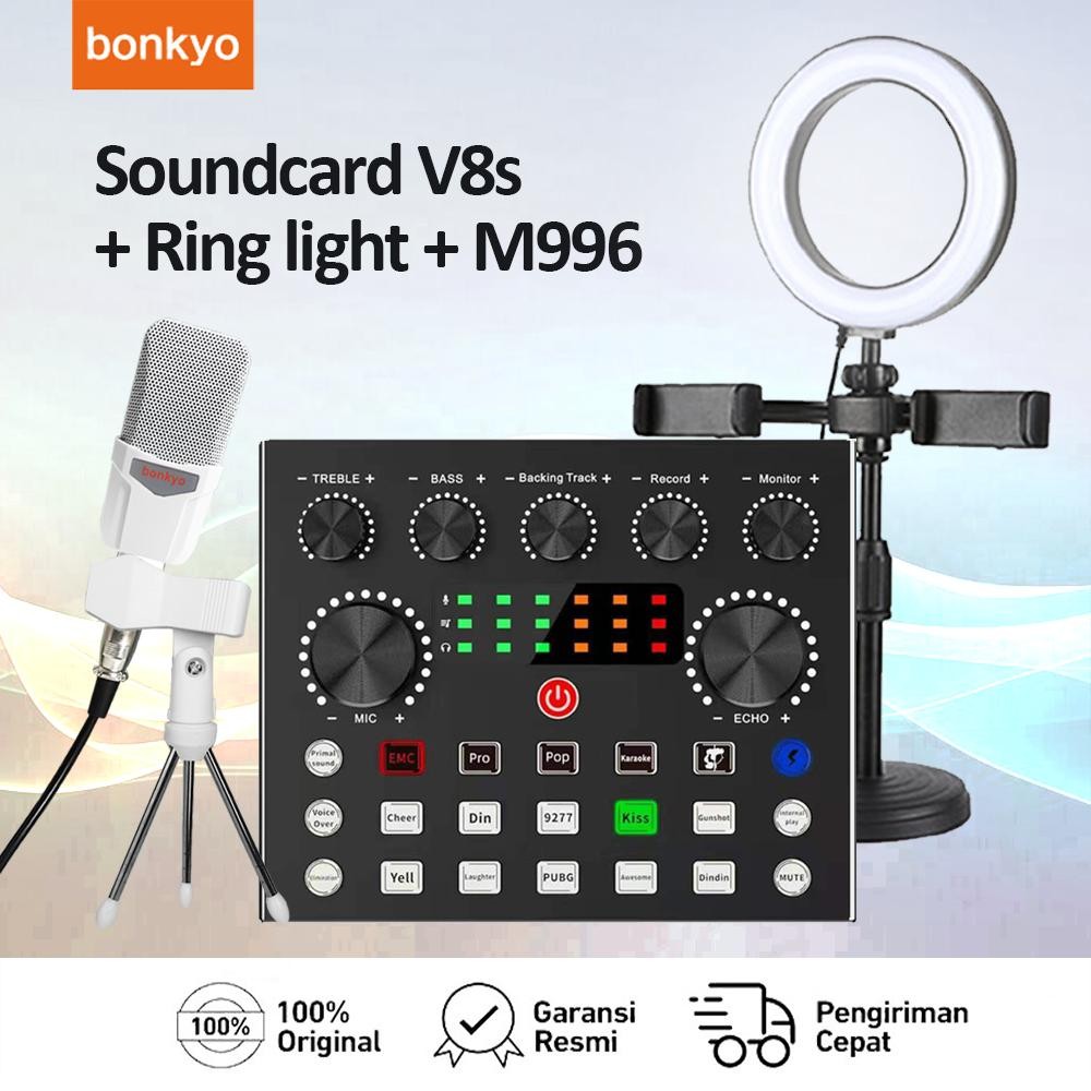 Jual Bonkyo V8S sound card + M996 microphone + fill light live broadcast equipment full set ...