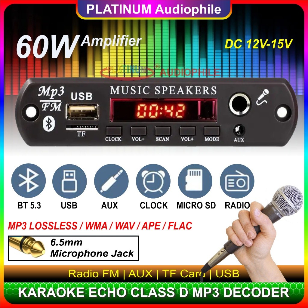 Jual Modul MP3 Decoder Bluetooth Karaoke Mic echo Amplifier 60W ...