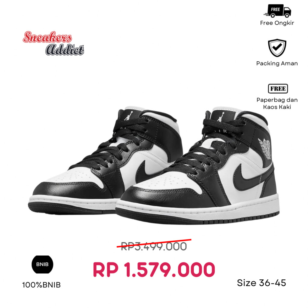 Jual Sepatu Sneakers Nike Air Jordan 1 Mid Black And White Panda 100% ...