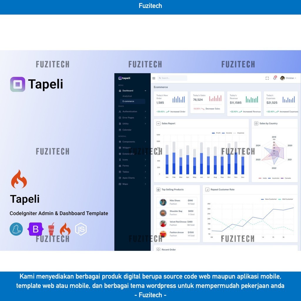 Jual WEB TEMPLATE TAPELI - CODEIGNITER ADMIN DASHBOARD TEMPLATE. D2364 FUZITECH | Shopee Indonesia