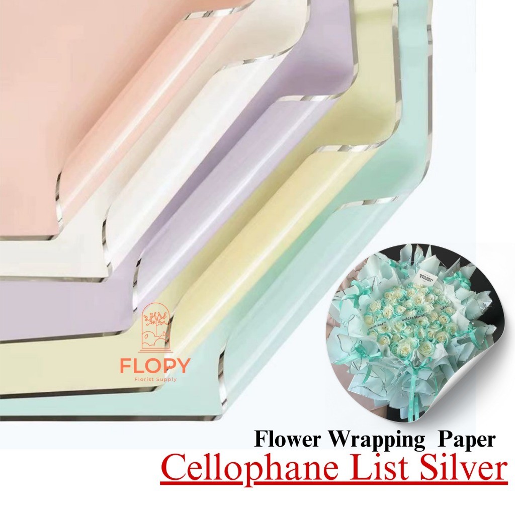 Jual [ 5 Lembar ] Cellophane Silver Border Flower Wrap / Kertas Bunga ...