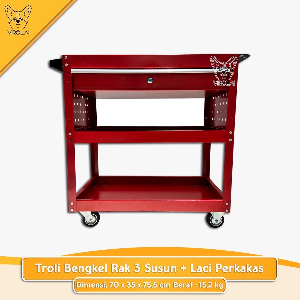 Jual [Dengan Laci] Troli Bengkel Rak 3 Susun Perkakas Trolly Trolley ...
