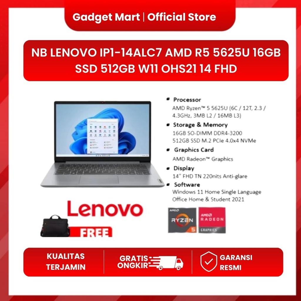 Jual NB LENOVO IP1-14ALC7 AMD R5 5625U 16GB SSD 512GB W11 OHS21 14 FHD ...