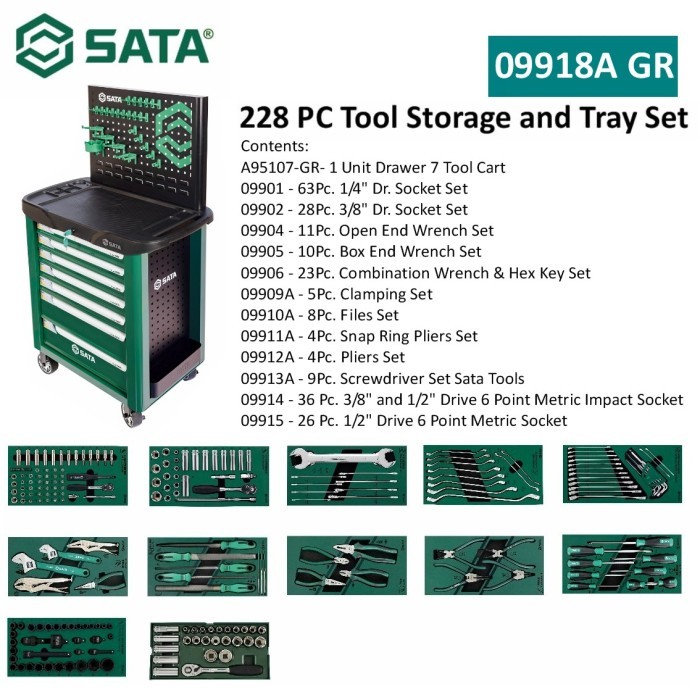 Jual SATA 09918A-GR Troli Perkakas 7 Laci (Hijau) Set 228 Pcs 7 Drawer ...