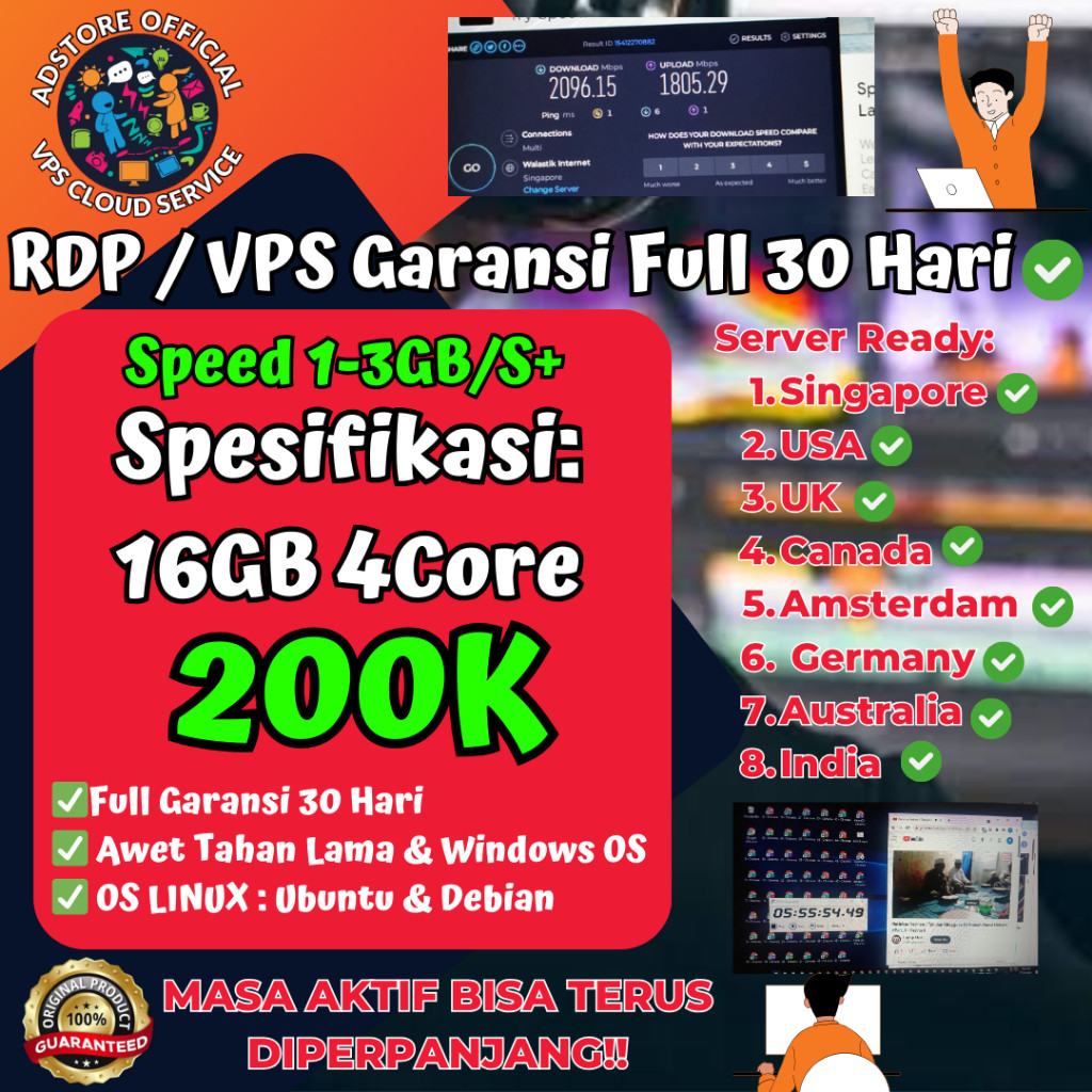 Jual RDP / VPS 16GB 4CORE Windows Ubuntu Debian Full root & Full Administrator & Full Garansi ...