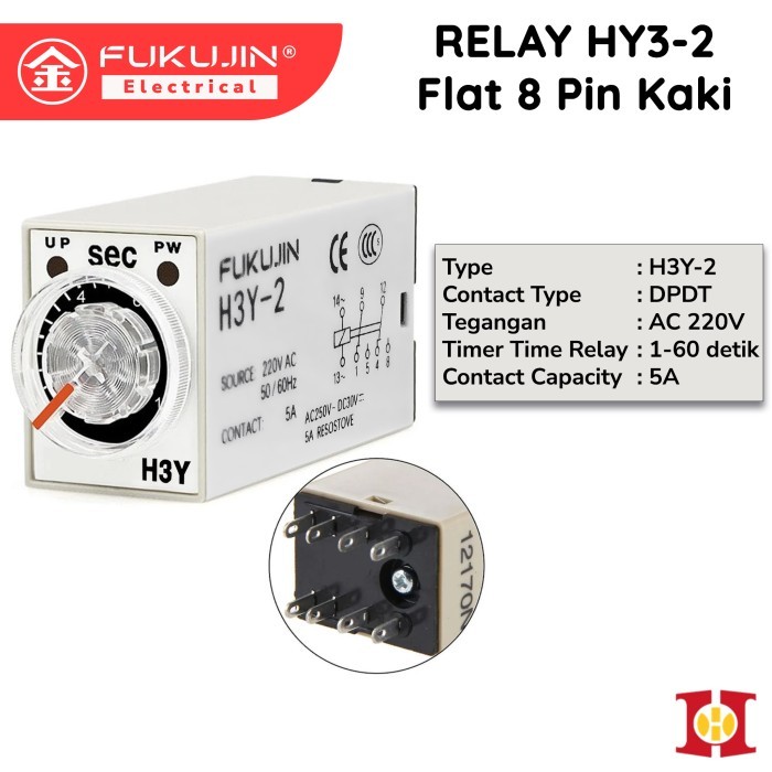 Jual FUKUJIN Mini Timer Delay Relay H3Y-2 H3Y2 TDR 0-60S 60s 60 Detik 1min DPDT 220VAC 8 Pin ...