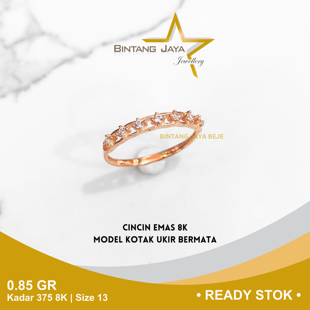 Jual Cincin Emas Muda Kadar 375 8K Model Sebaris Mata Putih Cicin Gold Ring Perhiasan Wanita ...