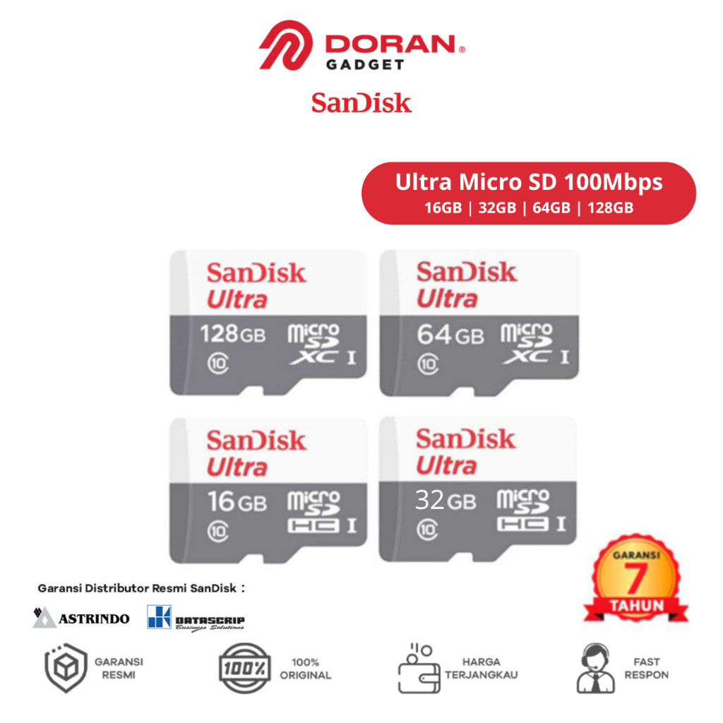 Jual SanDisk Micro SD 32GB | 64GB | 128GB | 256GB CL10 100mbps (NA) - Garansi Resmi 7 Tahun ...