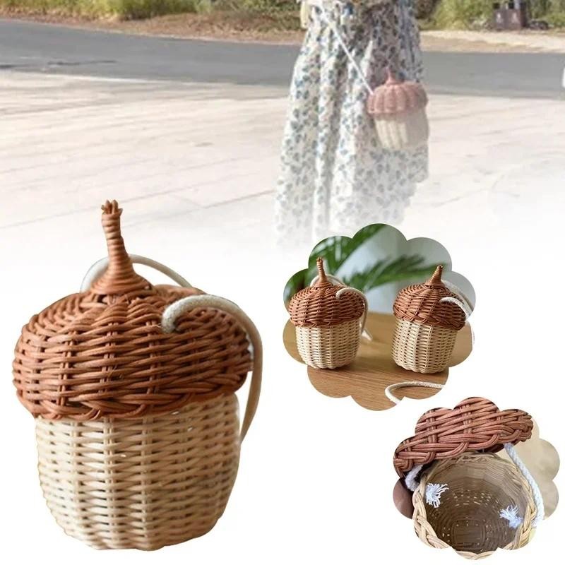 Jual New Acorn-shaped Storage Basket Hand-woven Round Rattan Bag Bucket ...