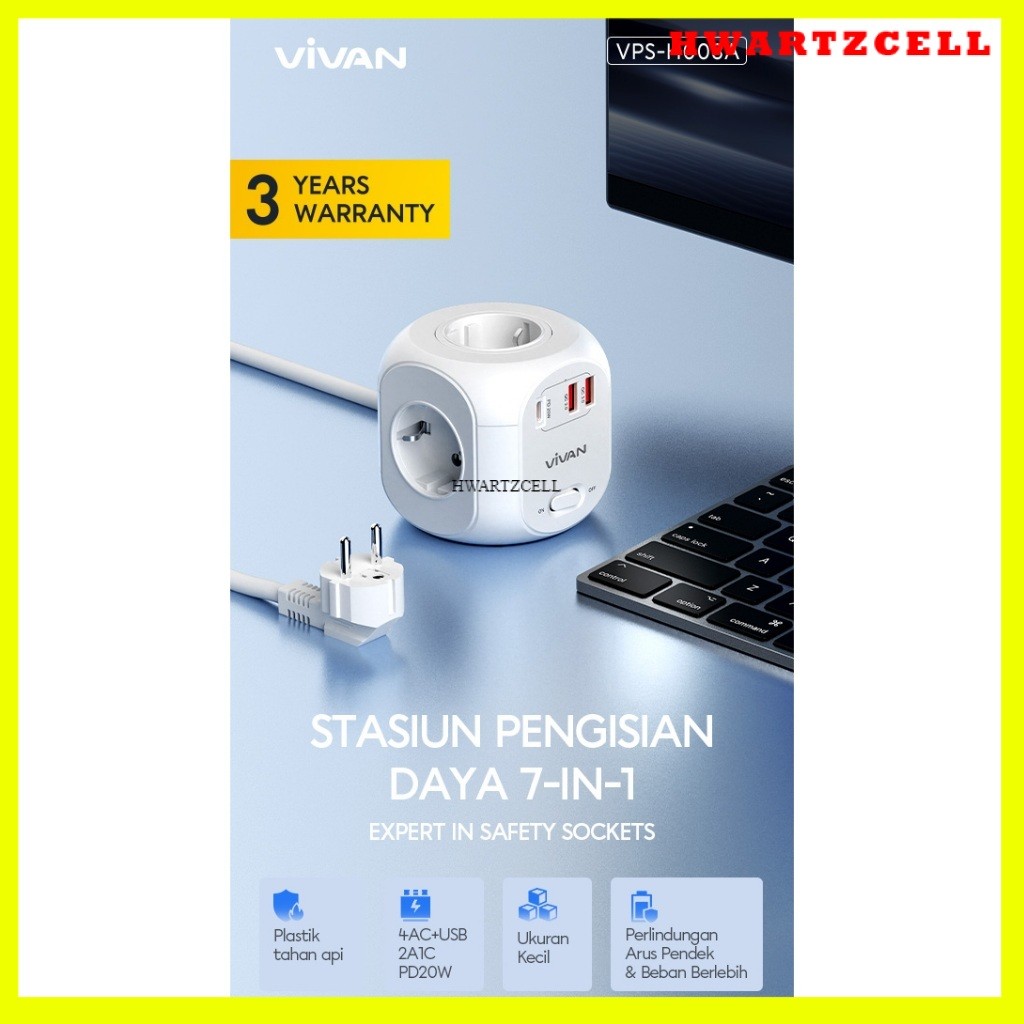 Jual [HWARTZ] VIVAN VPS-H008A Cube Socket, 4*AC port+USB 2A+1C 20W,1.5m ...