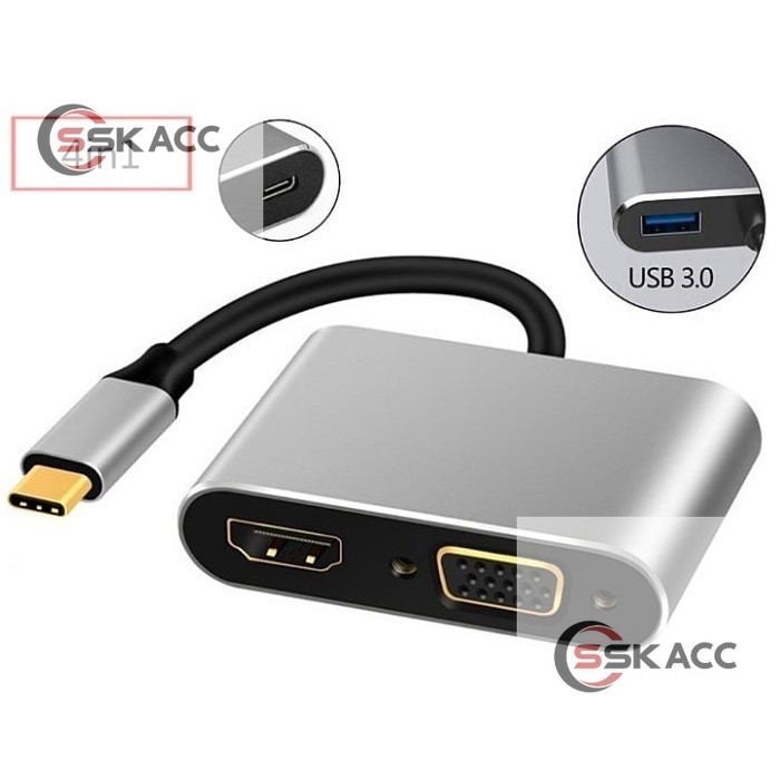 Jual Converter USB Type-c To Hub PD USB 3.0 HDMI VGA 4in1 adapter 4K ...