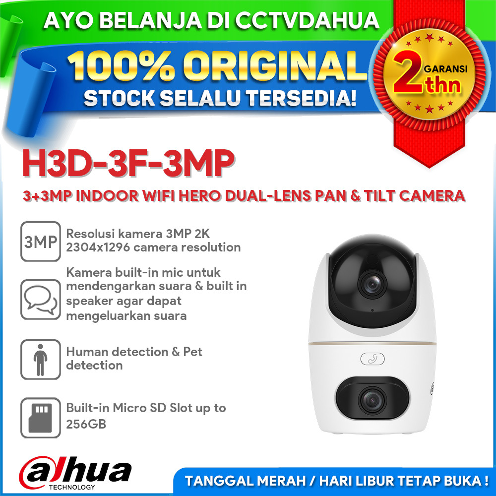 Jual DAHUA H3D-3F-3MP 3+3MP INDOOR WIFI DUAL-LENS HERO PAN & TILT ...