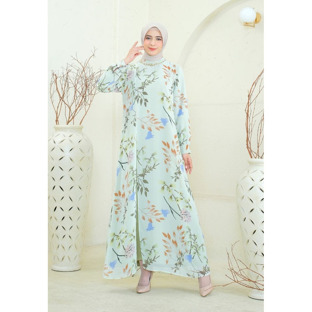 Jual Gamis Sifon Mosleem Leaf Print Two Layer In Soft Green By ...