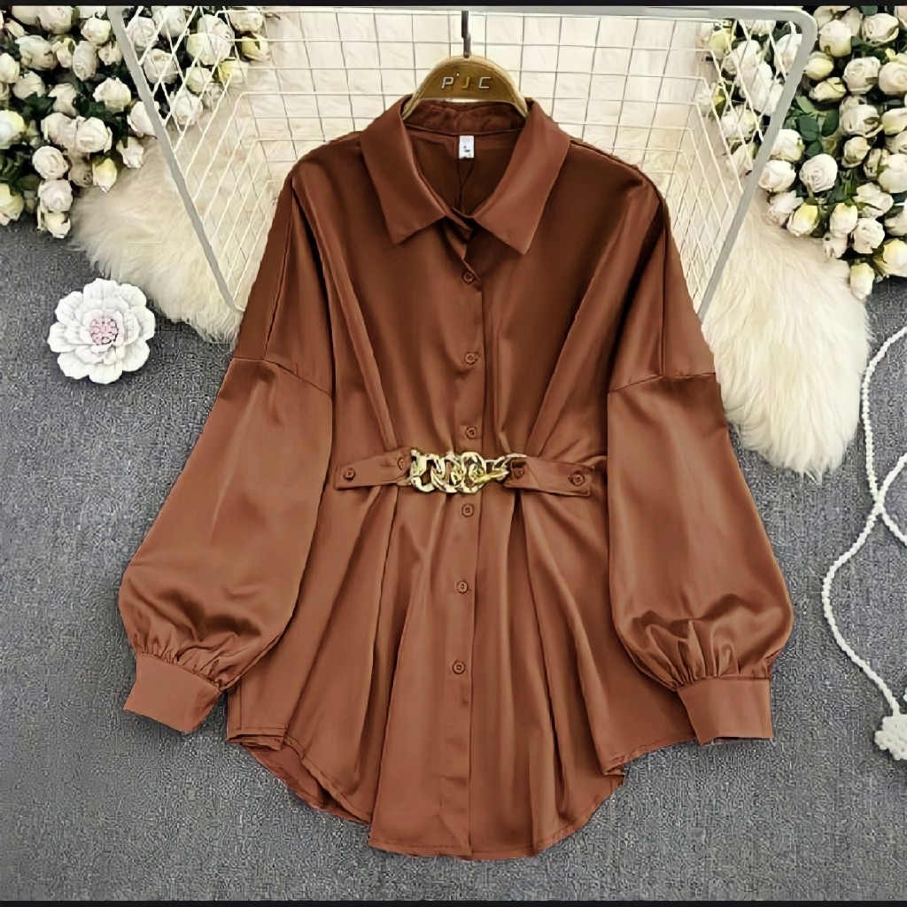 Jual Kemeja Blouse Atasan Wanita Model Melda Polos Motif Belt Sabuk ...